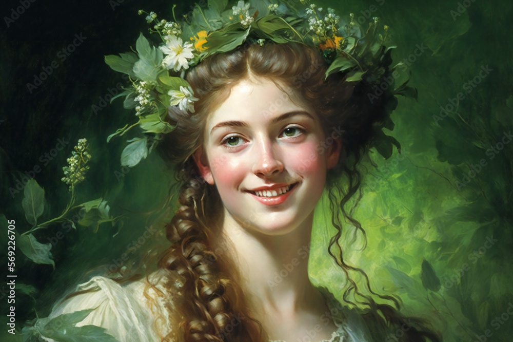 Illustration of a beautiful young woman with green leaves and flowers ...