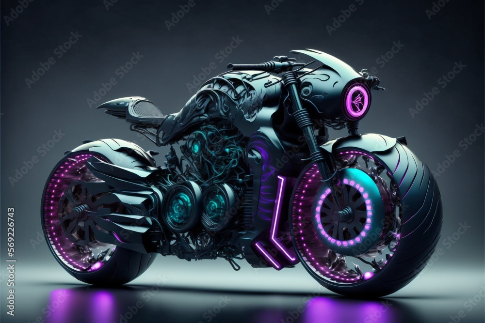 crazy futuristic motorbike with blue led lights, surrealistic black ...
