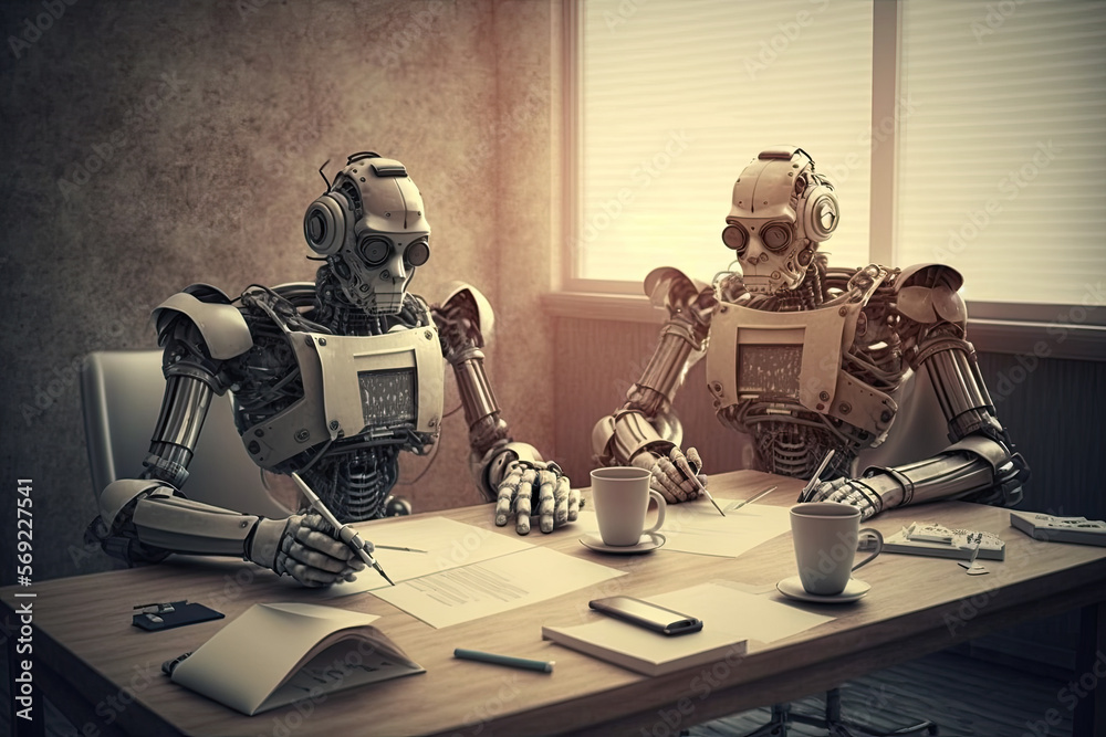 Two humanoid robots working at the office desk. AI improvement ...