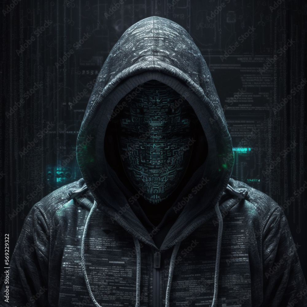 Hacker with the hoodie and digital symbols on black background.Created ...