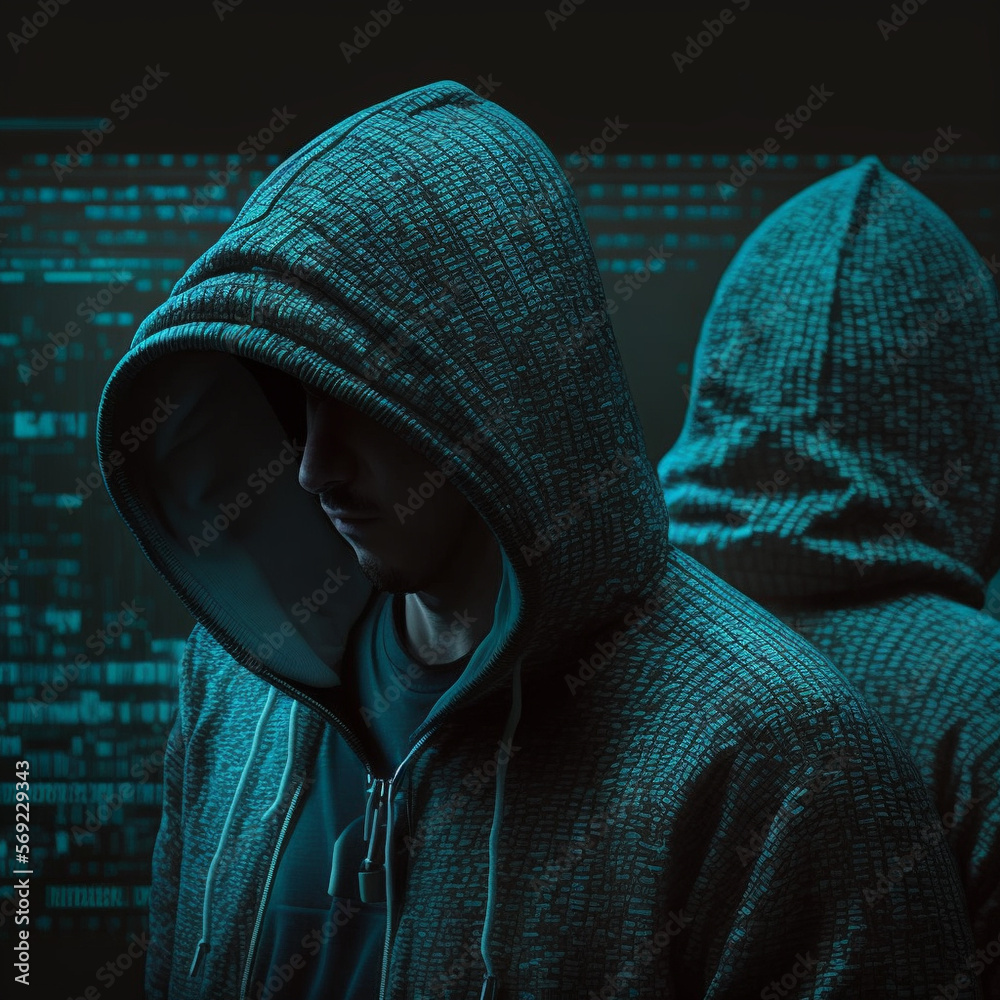 Hacker with the hoodie and digital symbols on black background.Created ...