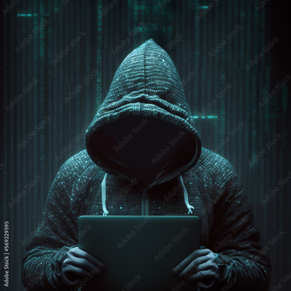 Hacker with the hoodie and digital symbols on black background.Created ...