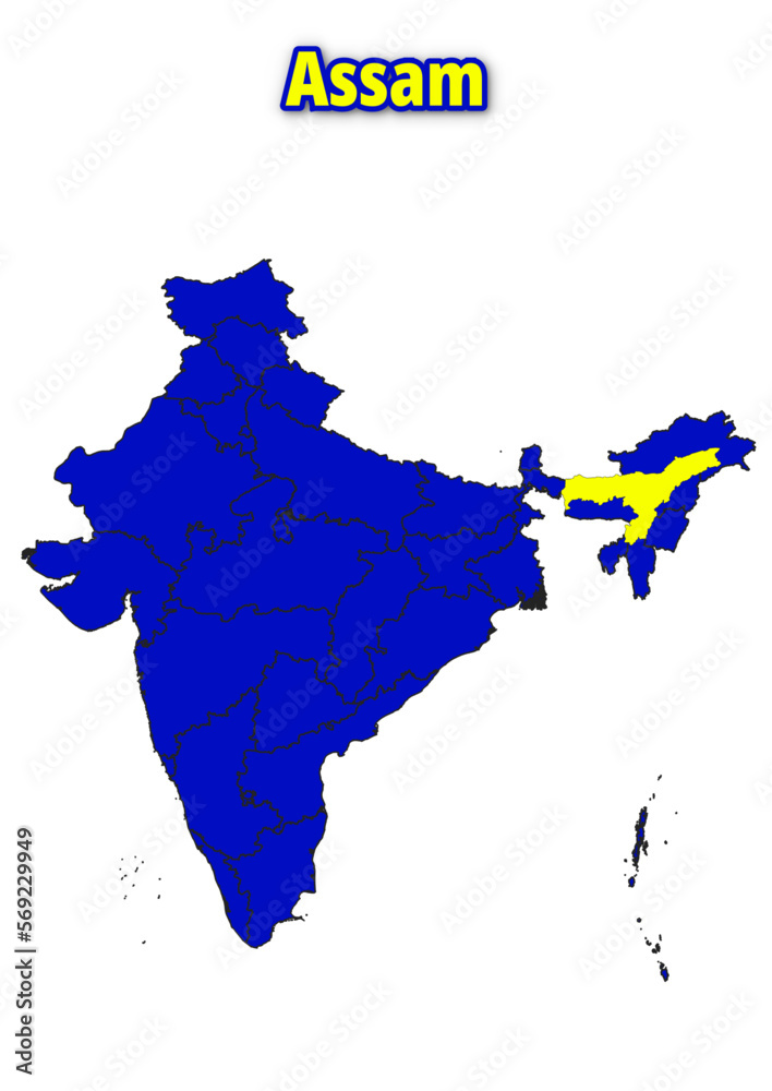 Detailed illustration map of India, continent Asia with Assam State in ...