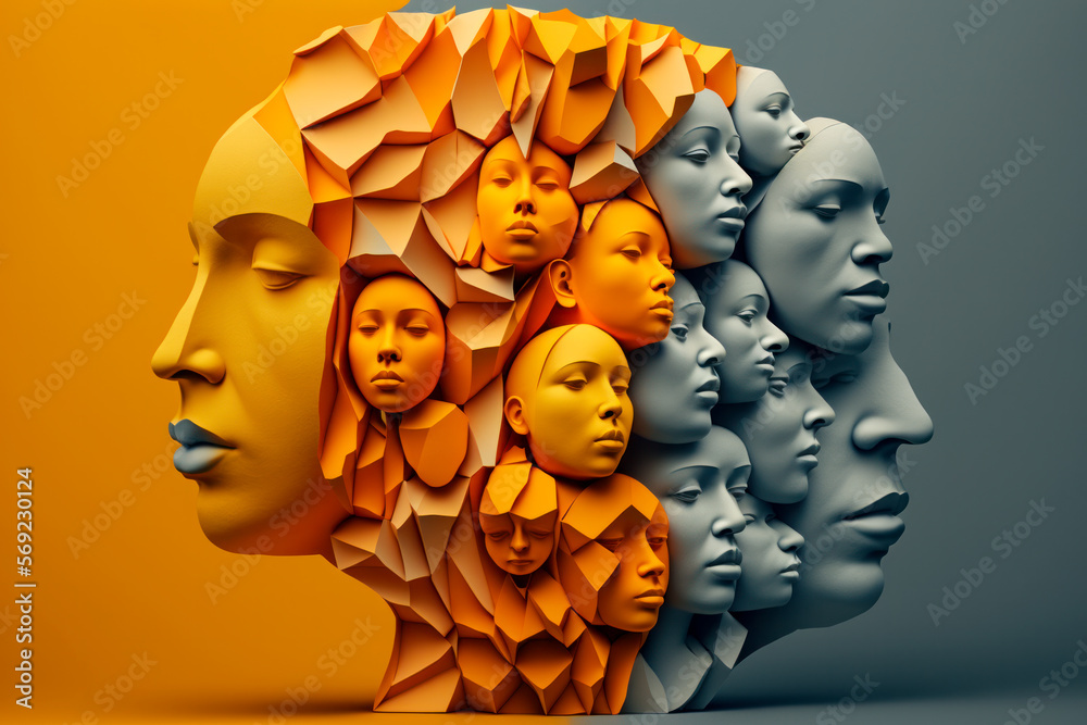 Human head filled with multiple faces in solid color background ...