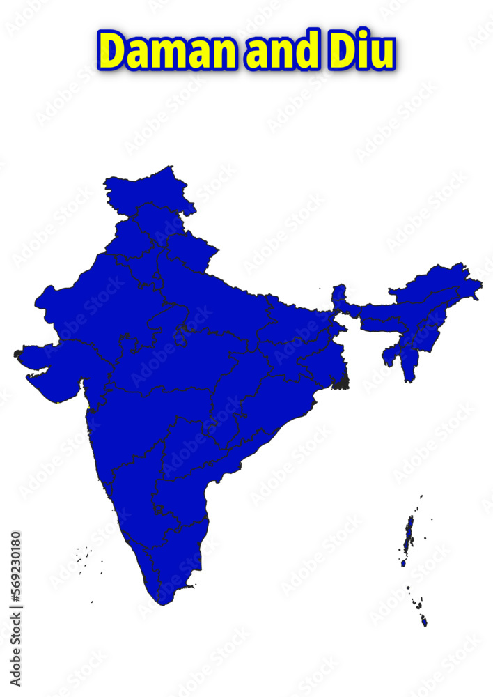 Detailed illustration map of India, continent Asia with Daman and Diu ...