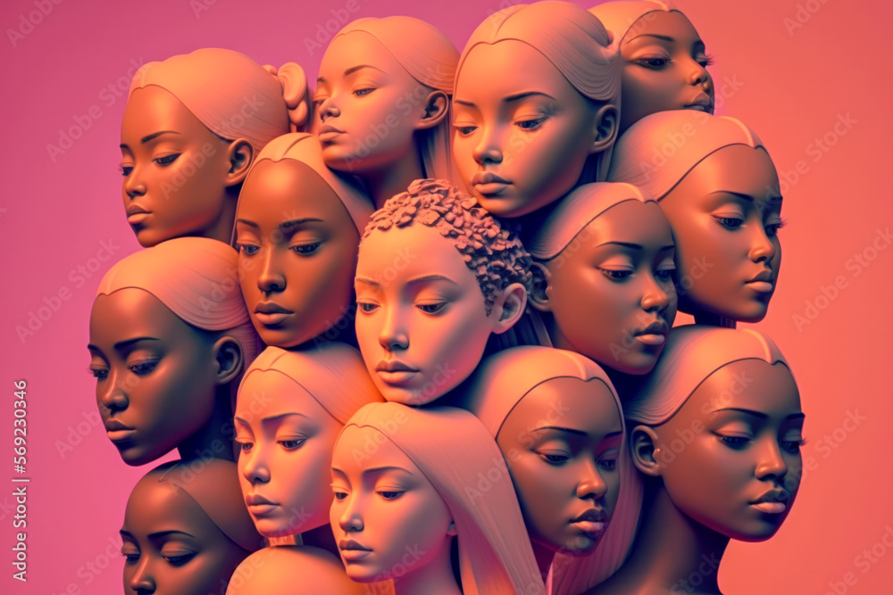 Woman's head filled with multiple faces of girls in solid color ...