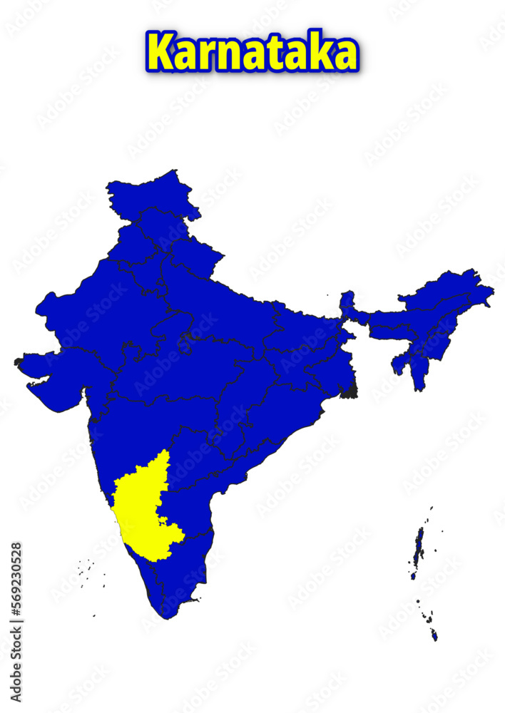 Detailed illustration map of India, continent Asia with Karnataka State ...