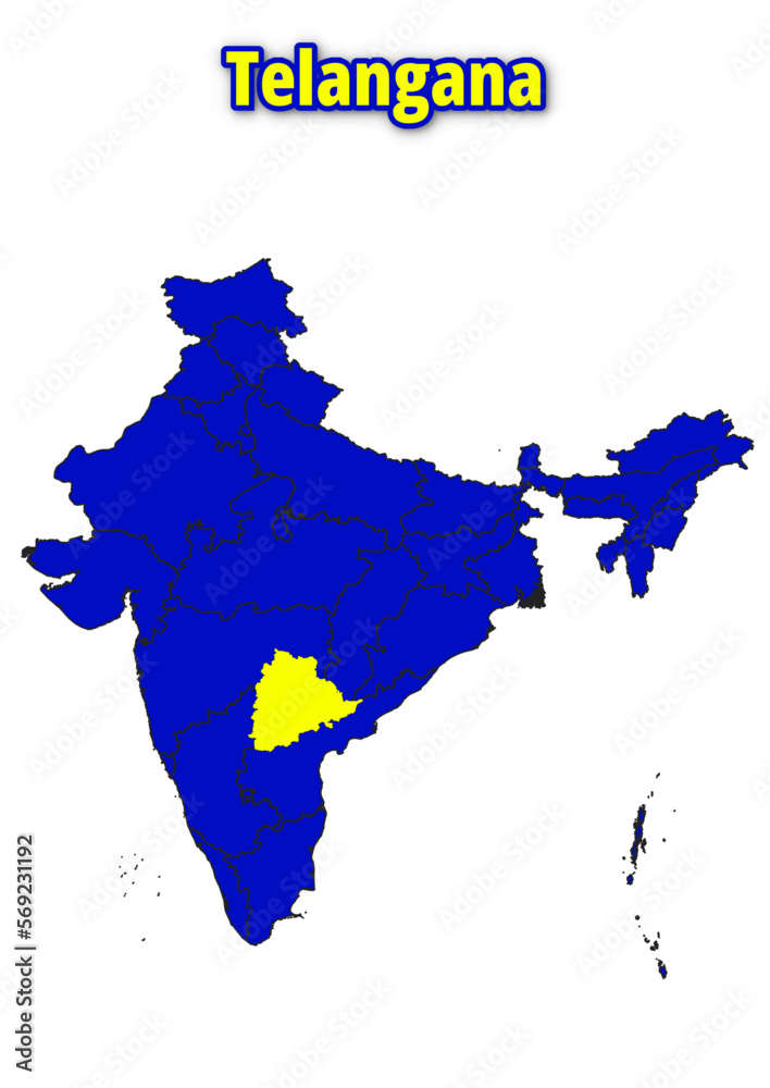 Detailed illustration map of India, continent Asia with Telangana State ...