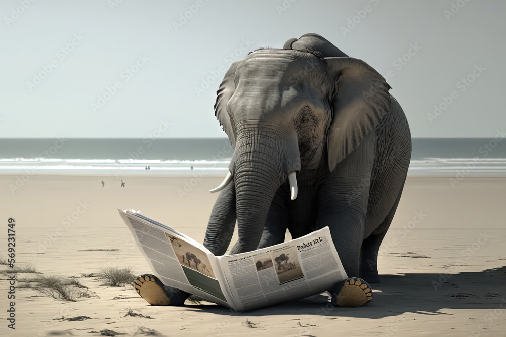 an elephant is sitting on the beach reading a newspaper with its trunk ...