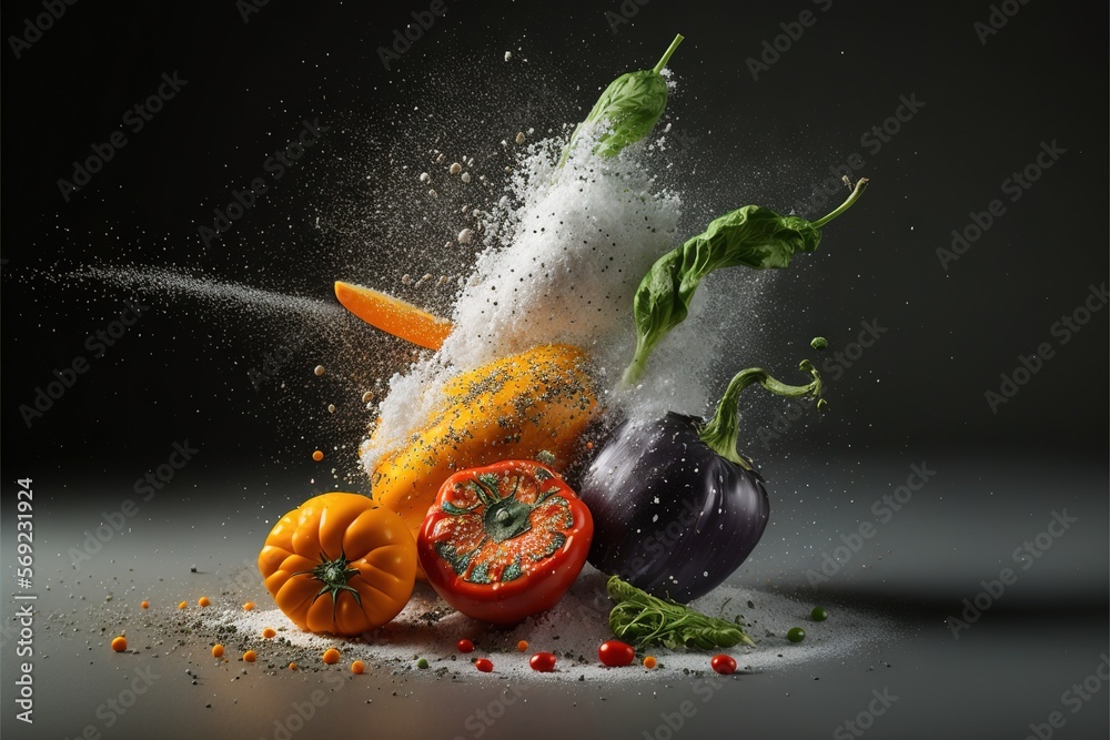 a group of vegetables are splashing out of the water on a black ...