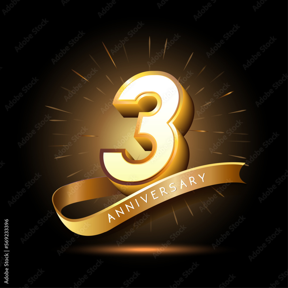 3rd anniversary with 3d number and ribbon shiny gold design Stock ...