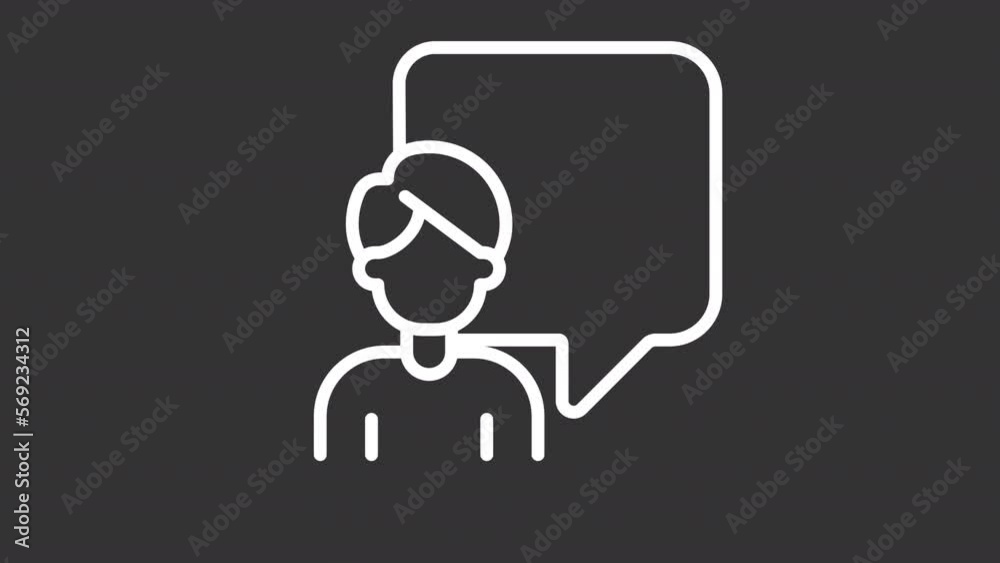 Animated man talks white line icon. Speech bubble. Having thought. Loop ...