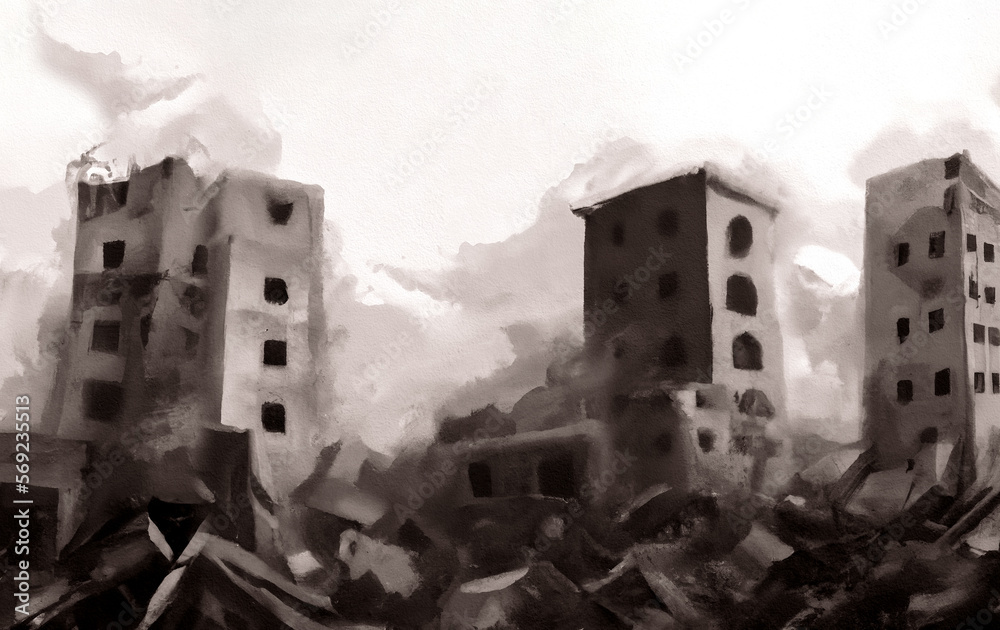 ภาพประกอบสต็อก Illustration of city destroyed by war with collapsed ...
