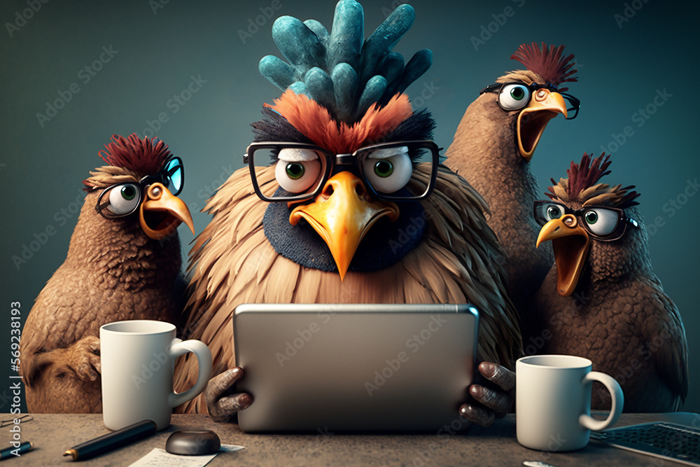 Angry rooster boss and three hens behind a laptop, office work concept ...