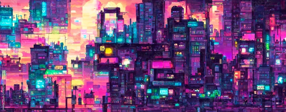 Cyberpunk neon city night. Futuristic city scene in a style of pixel ...
