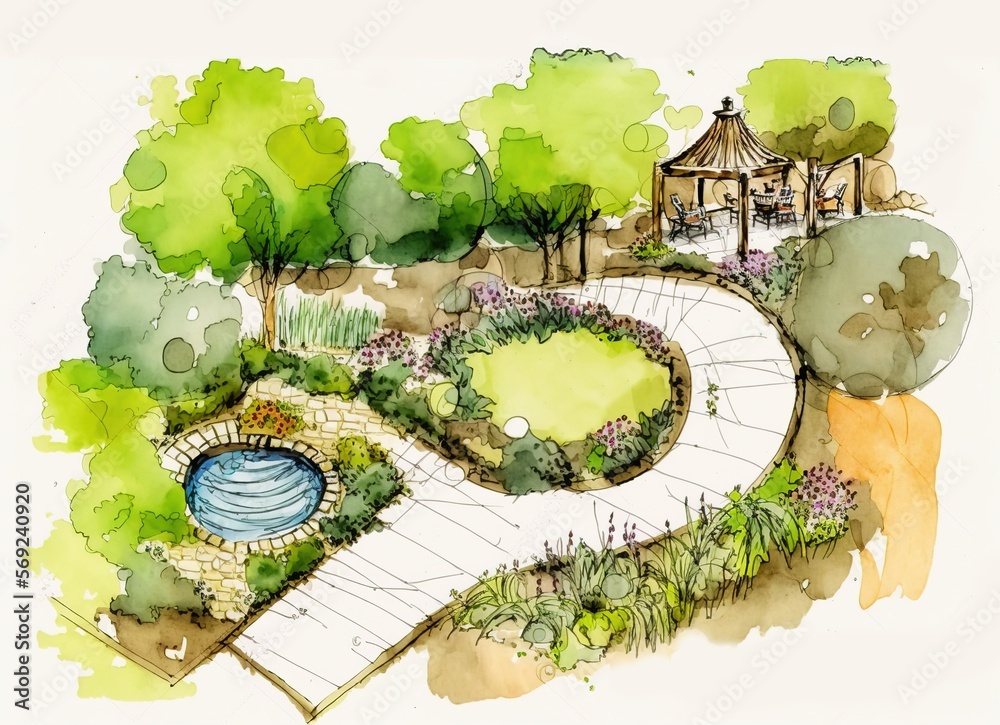 Landscape architect plan design. Watercolor hand painted with brushes ...
