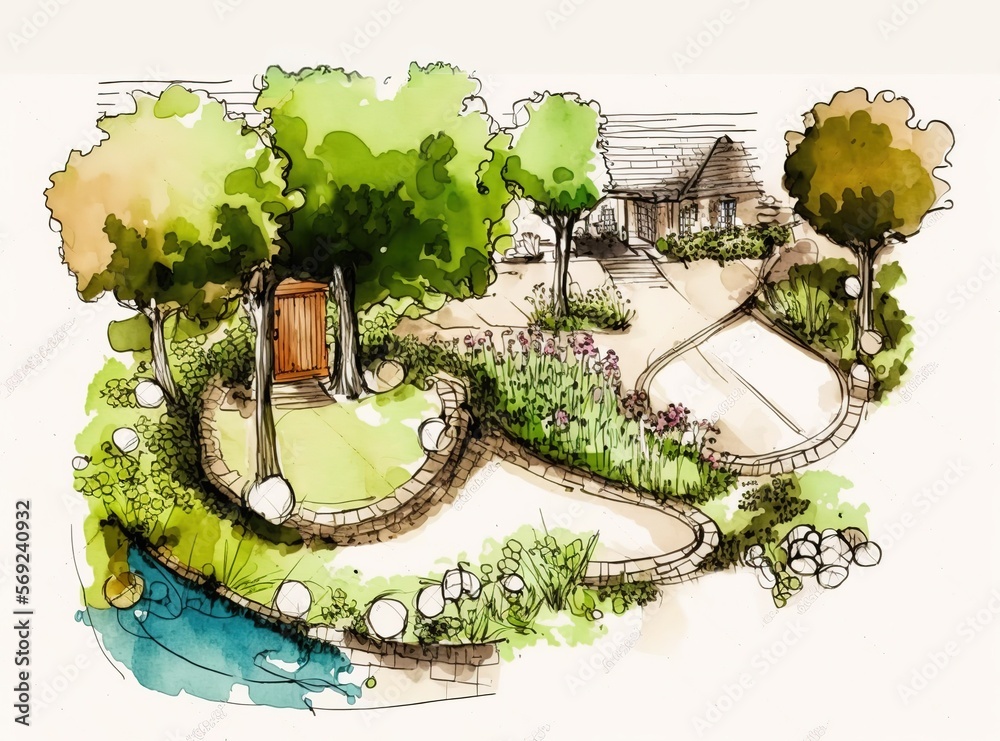Landscape architect plan design. Watercolor hand painted with brushes ...