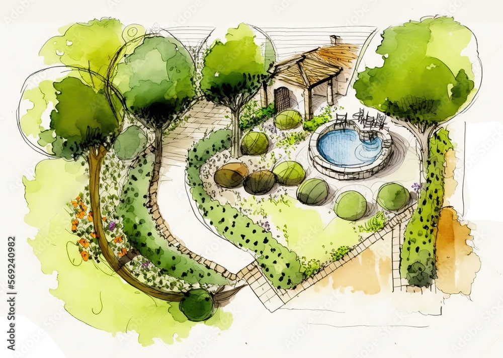 Landscape architect plan design. Watercolor hand painted with brushes ...