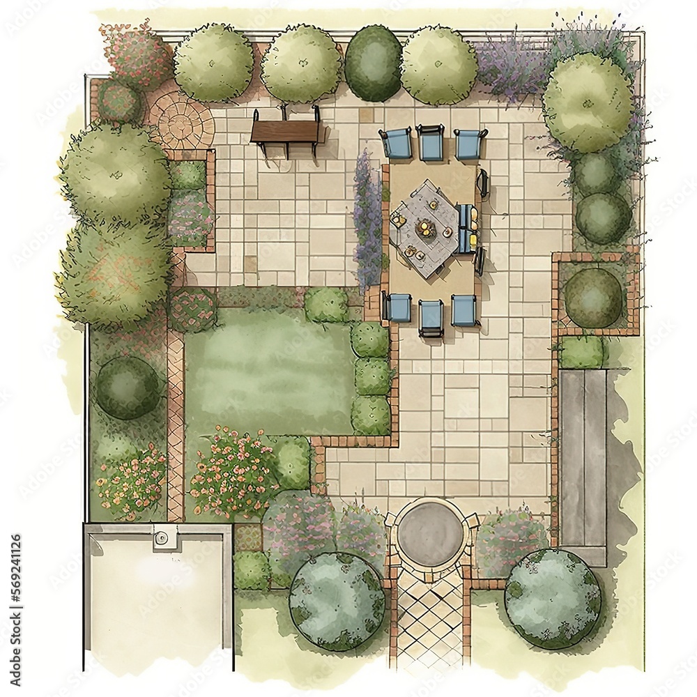 Landscape architect plan design. Watercolor hand painted with brushes ...