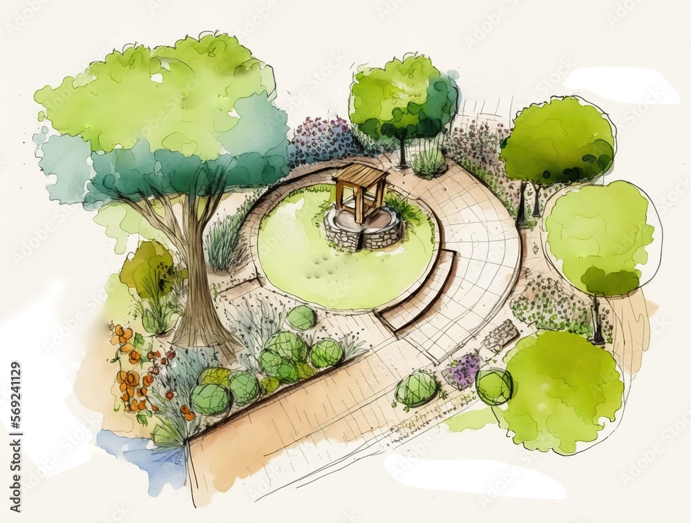 Landscape architect plan design. Watercolor hand painted with brushes ...