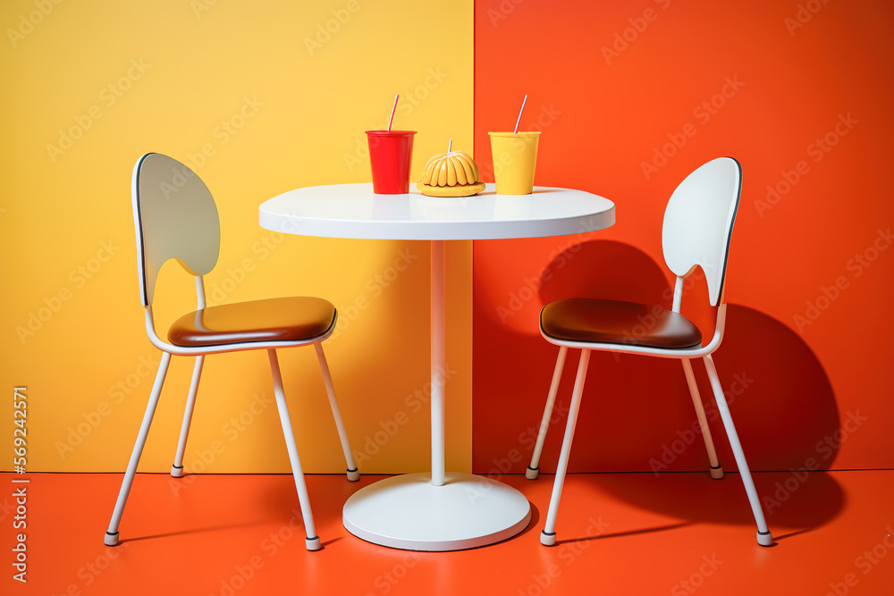 Plastic table and chairs on a colourful background inspired by the 70s ...