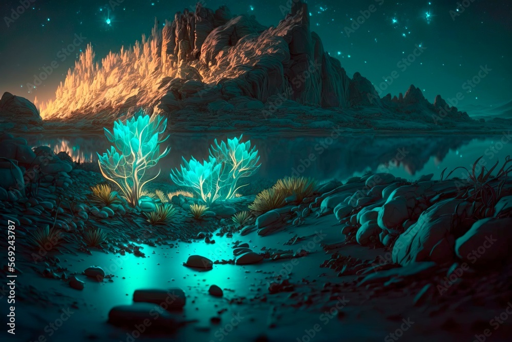 Night bioluminescent scene. Starry sky. Fantasy landscape. Glowing ... Night bioluminescent scene. Starry sky. Fantasy landscape. Glowing ...
