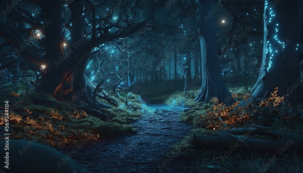 a dark forest with a path leading to a glowing light in the middle of ...
