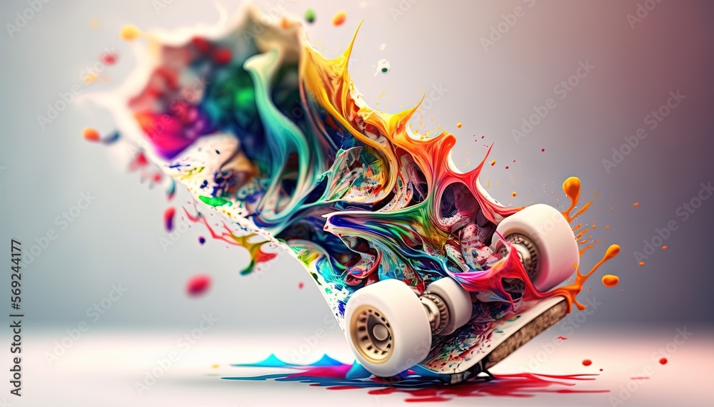 a multicolored roller skate with wheels on it's side and splashing ...