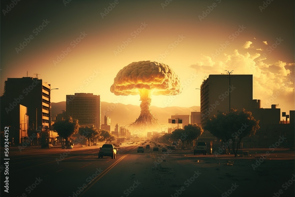 Image of cityscape with nuclear explosion created using generative ai ...