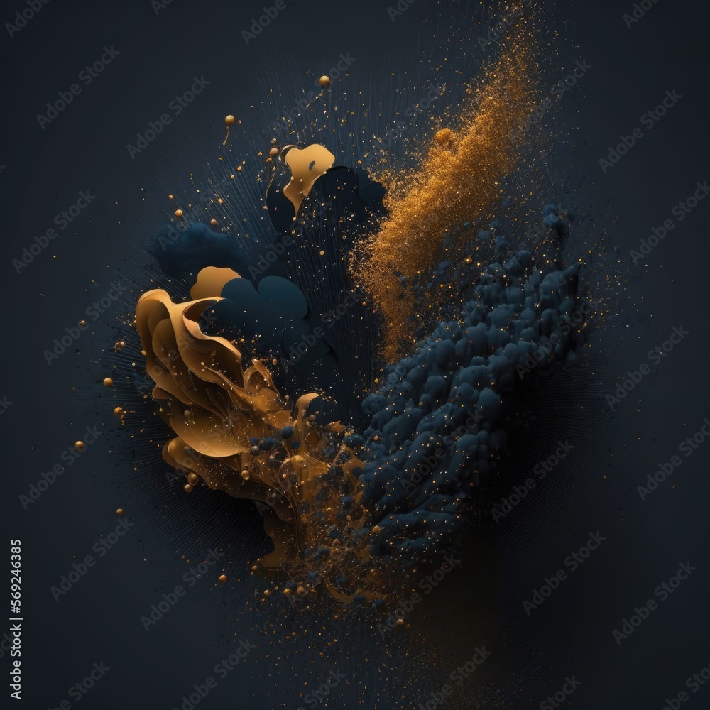 Magnified particles in air during explosion of yellow powder created using generative ai ...