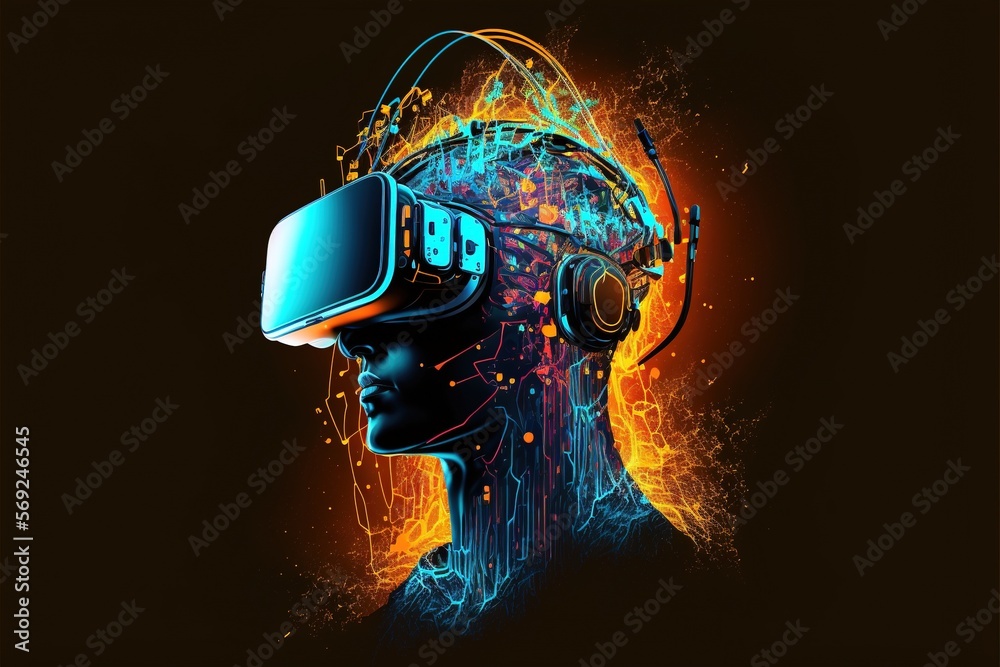 Human head in vr headset with glowing sparks and connections, created ...