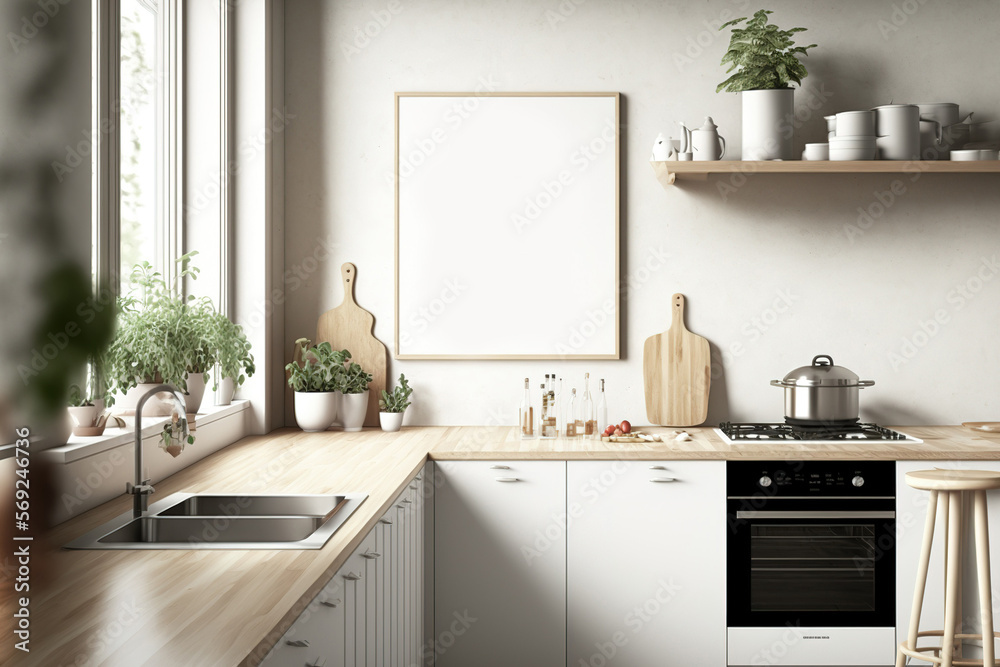 mock up poster featuring a pleasant kitchen with a Scandinavian design ...