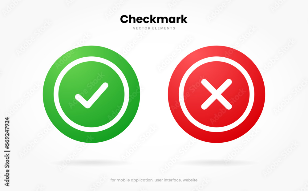 Yes or no icon. Green tick symbol and red cross sign in circle ...