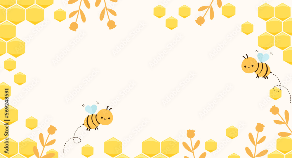 Beehive honey background with hexagon grid cells, bee cartoons and ...
