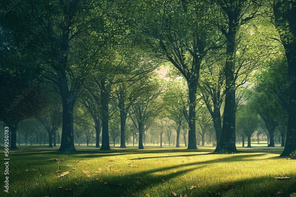 empty city green park with lawn tall trees and trimmed grass with ...