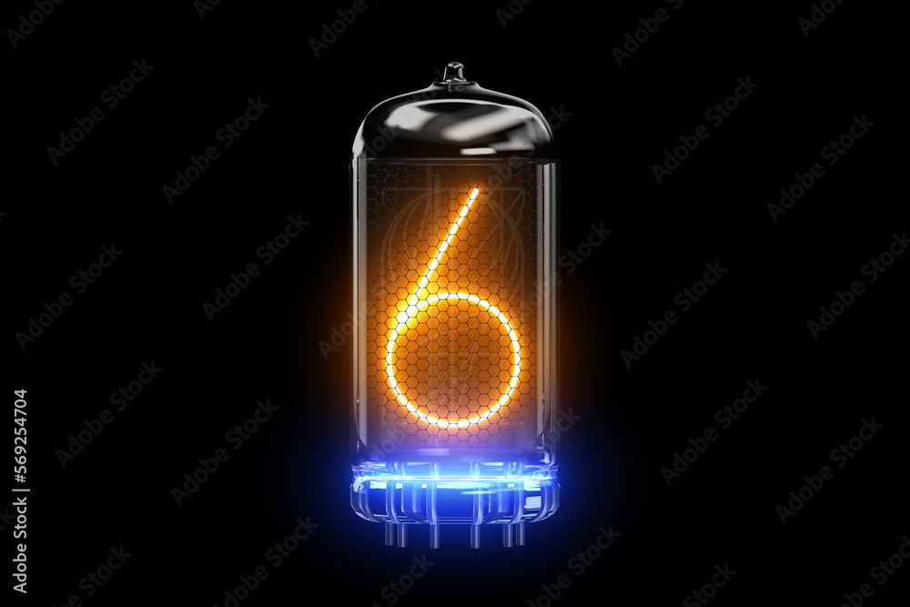 Six. Digit 6. Nixie tube indicator digit. Blue backlight. Gas discharge ...