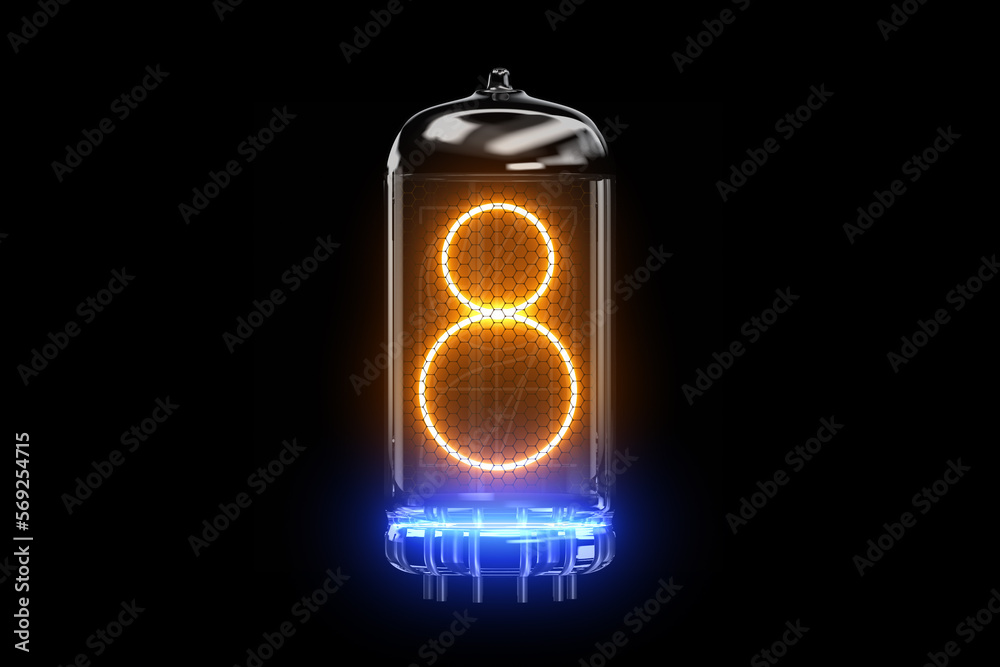 Eight. Digit 8. Nixie tube indicator digit. Blue backlight. Gas ...
