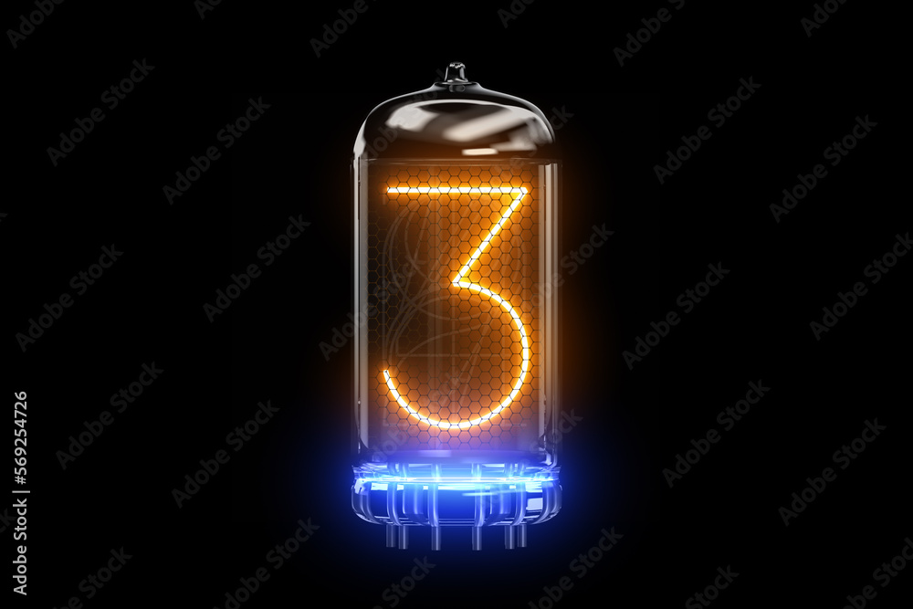 Three. Digit 3 Nixie tube indicator digit. Blue backlight. Gas ...