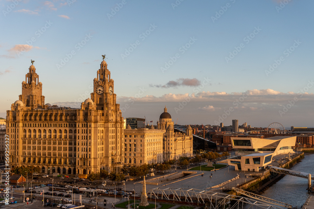 Liverpool, UK: Golden hour view of the Merseyside waterfront and city ...