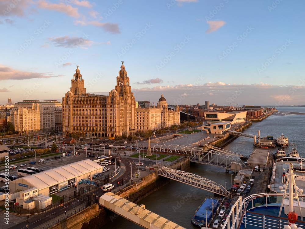 Liverpool, UK: Golden hour view of the Merseyside waterfront and city ...
