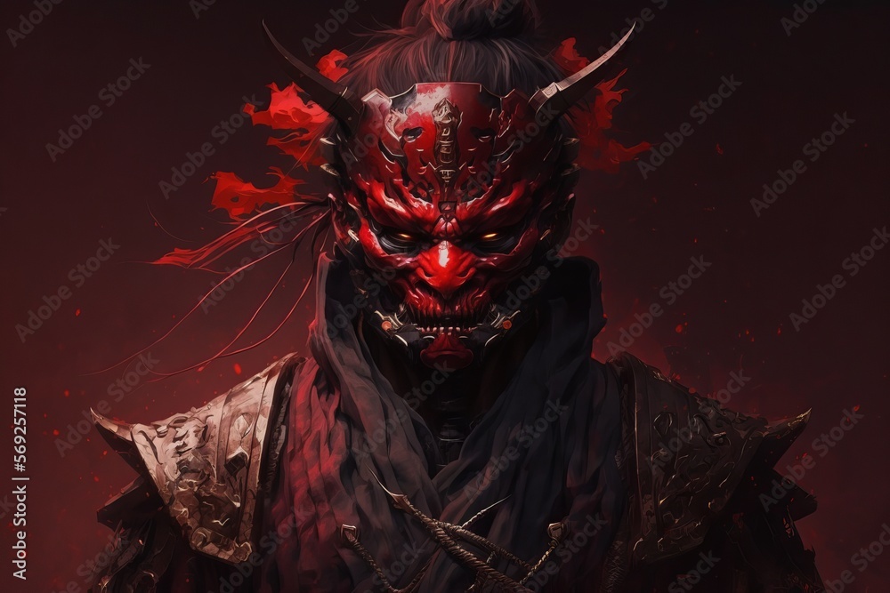 Samurai in a demonic red mask. Generative AI Stock Illustration | Adobe ...