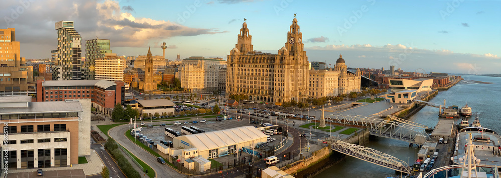 Liverpool, UK: Golden hour view of the Merseyside waterfront and city ...