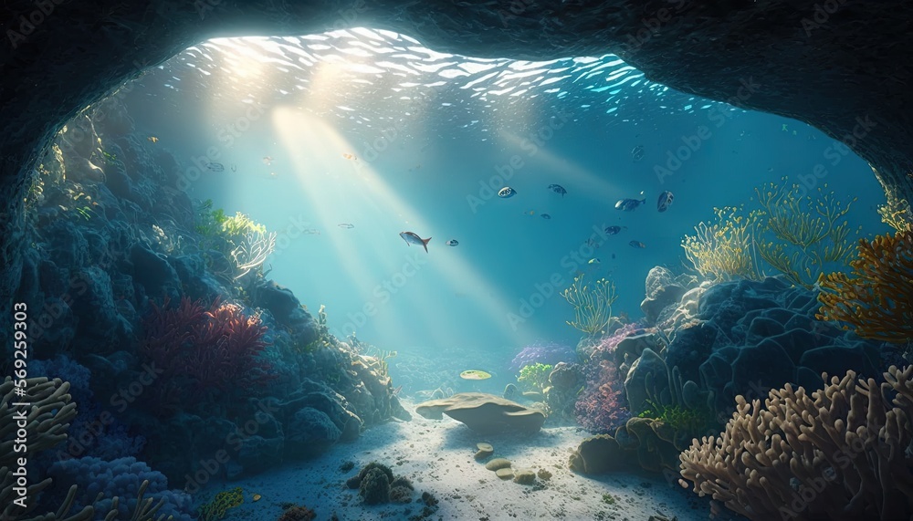 an underwater scene of a coral reef with sunlight streaming through the ...