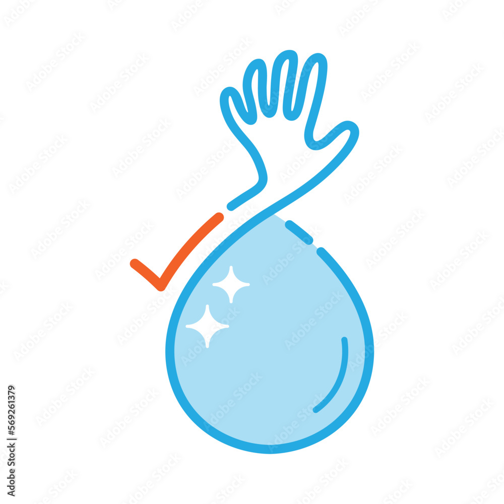Raise hand symbol merged with water drop shape and check mark icon ...