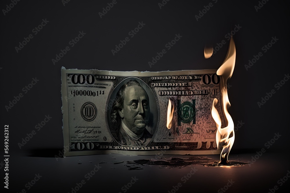 a burning hundred dollar bill on a black background with a black ...