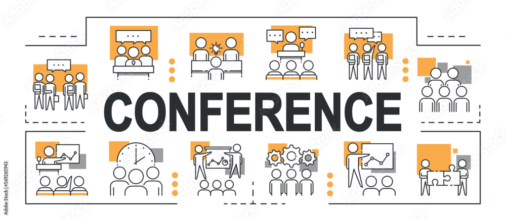 Conference banner concept. Collection of icons for website. Cooperation ...