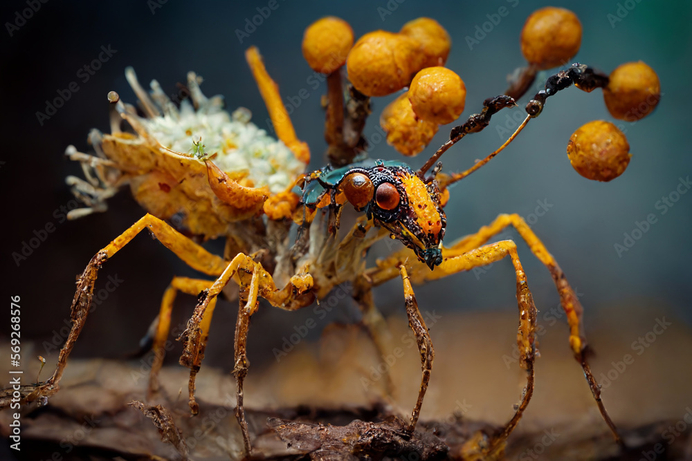 Illustration of insect infected with cordyceps fungi, realistic detail ...