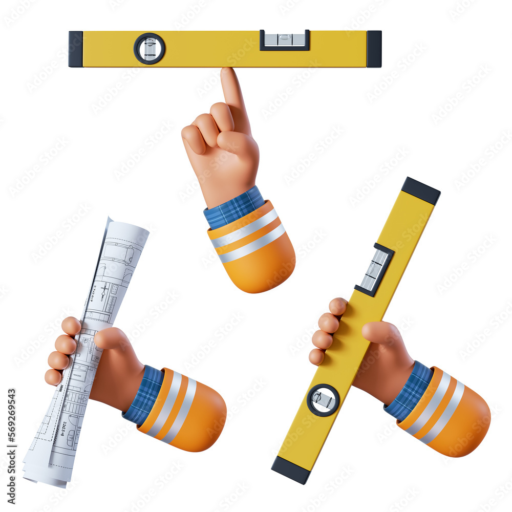 3d render, cartoon human arm holds level tool and blueprint scroll ...