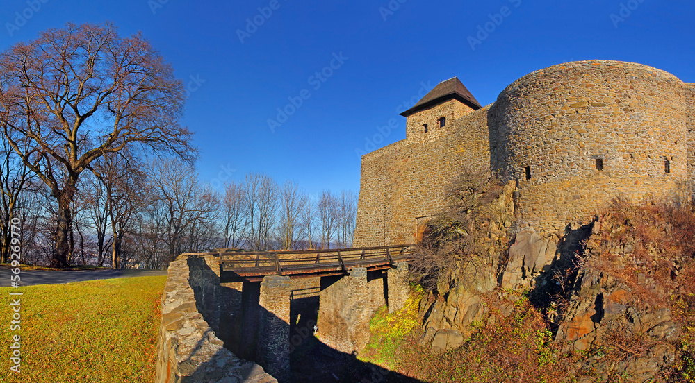 Castle of Helfstyn hovers above the valley of the Moravian Gate. The ...
