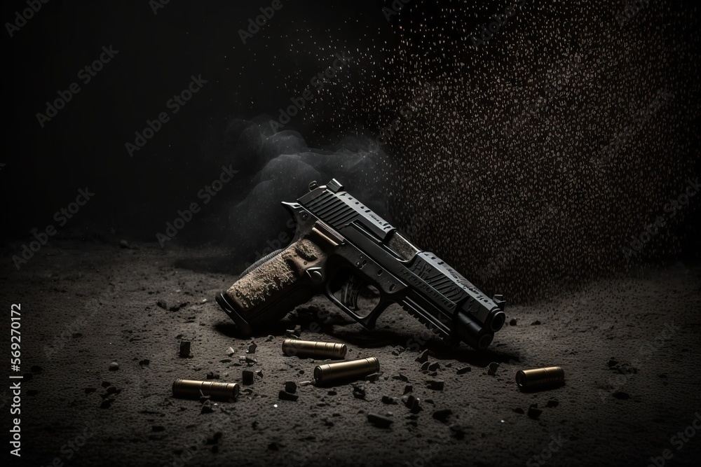 a gun laying on top of a pile of bullet shells on a black background ...